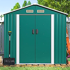 JAXPETY 4.2' x 7' Storage Outdoor Shed, Metal Shed Outdoor Storage with Lockable/Sliding Doors, Steel Utility Tool Shed with Floor Frame for Garden Patio Backyard Lawn Green
