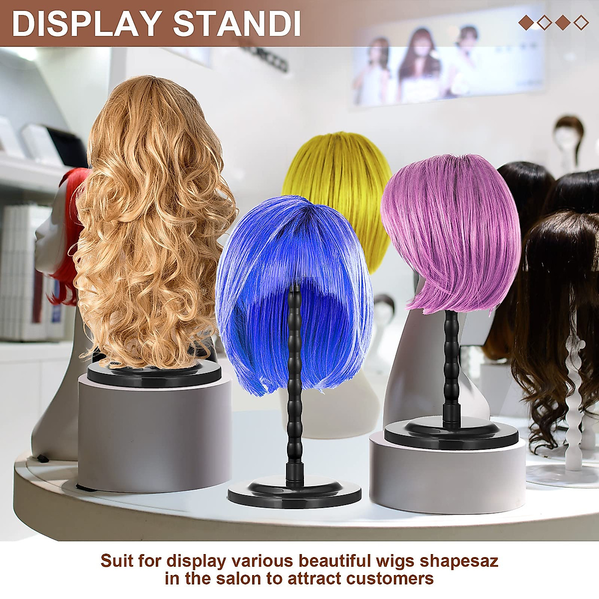 8 Pieces Wig Holder Wig Head Stand Wig Stand for Styling, 13.8 Inch Wigs Portable Hat Display Stand Travel Wig Holder for Multiple Wigs Practice Hat DIY Stand Head Stand Non Slip Stable (Black)