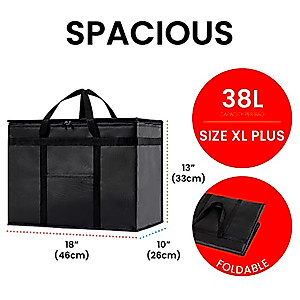 NZ home Insulated Cooler Bag (XL Plus, 2 pack) for Food Delivery & Grocery Shopping with Zippered Top, Black