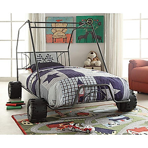 Metal Twin Size Kids Bed with Racer Cart Design ,Go Kart Car Bed for Boys, Twin Bed Frame with Four Wheels and Headboard ,Sturdy Slat System, No Box Spring Needed, Fit for Kids Teens Bedroom,Gunmetal