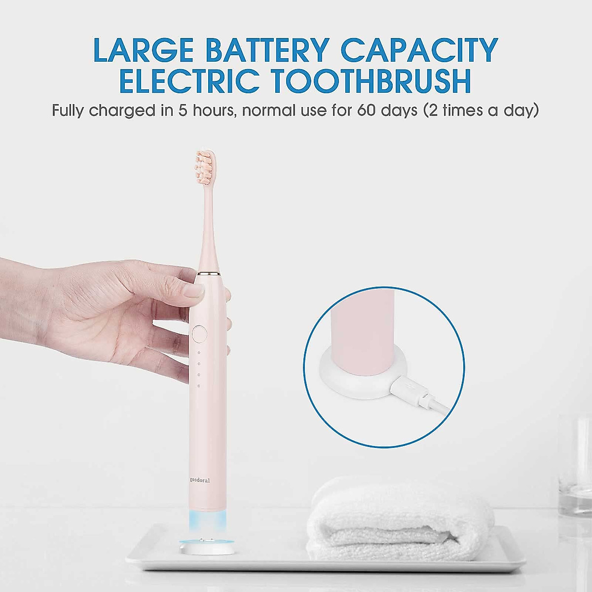 NC Sonic Electric Toothbrush, Goodoral Powerful Cleaning Rechargeable Waterproof Toothbrushes with 2 Brush Heads for Adults and Kids(Pink)