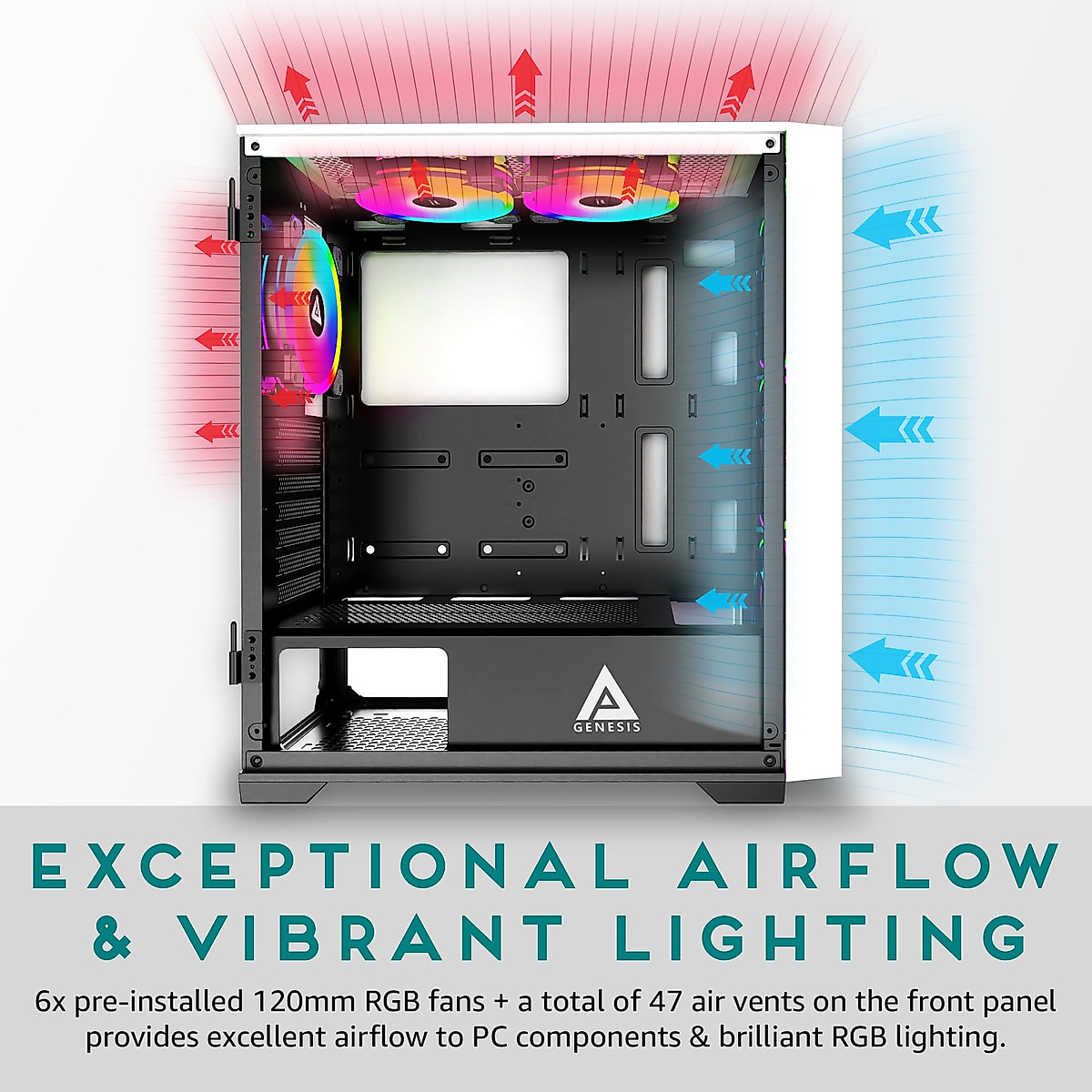 Apevia G-PRO-WH Genesis Pro Mid Tower Gaming Case with 2 x Tempered Glass Panel, Top USB3.0/USB2.0/Audio Ports, 6 x RGB Fans, White Frame