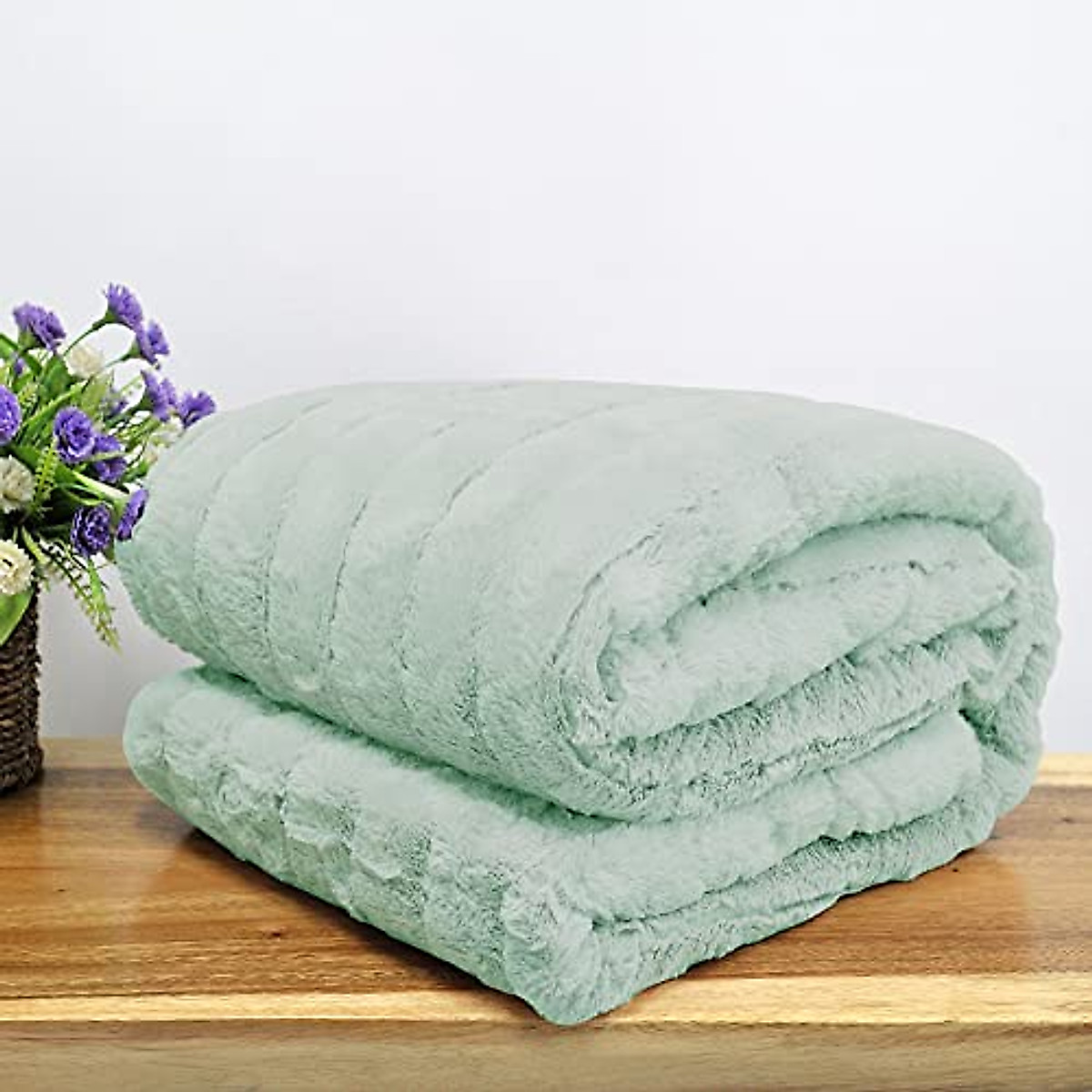 BYTIDE Stripe Faux Fur Plush Throw Blankets with Sherpa Back, Super Soft Warm Cozy Fluffy Fuzzy Reversible Luxury Throw for Couch Sofa Chair Bed Cover, 50" x 60", Seafoam Blue