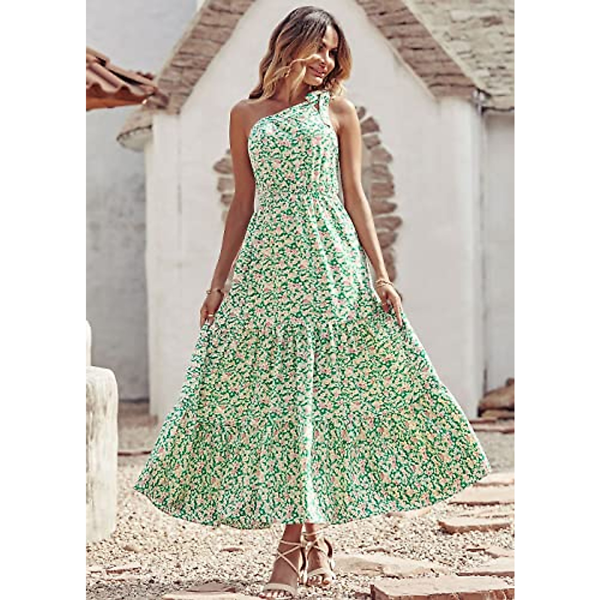 PRETTYGARDEN Women's Floral Maxi Dress 2023 Knot One Shoulder Sleeveless Ruffle Hem Flowy Boho Dresses(Green White,Large)