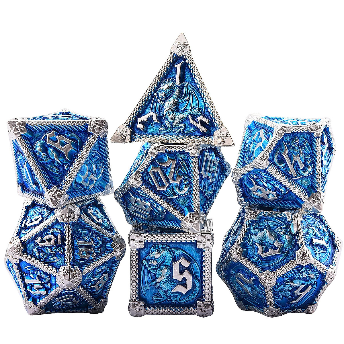AUSTOR 7-Die Metal DND Dice Set Dungeons and Dragons Dice with Box Roll Playing Game Dice Polyhedral Dice D20 D12 D10 D% D8 D6 D4 Metal Dice for Pathfinder Warhammer MTG RPG Board Games