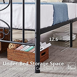 VECELO Queen Metal Platform Bed Frame Mattress Foundation with Iron-Art Headboard and Footboard, No Box Spring Needed, Noise-Free, Easy Assembly, Under Bed Storage