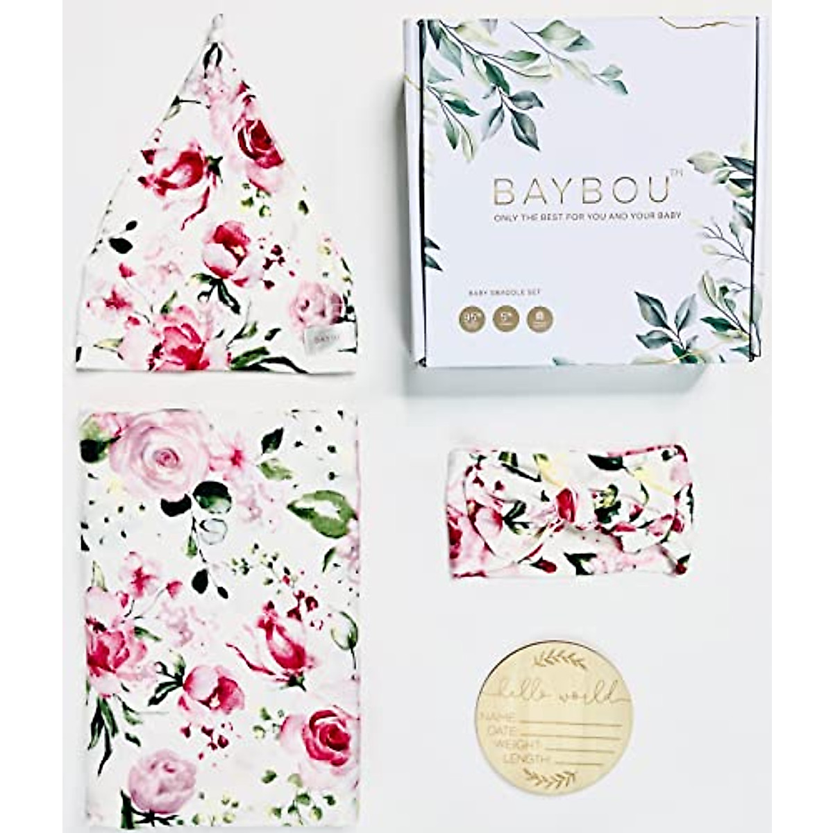 Baybou Baby Swaddle Set Bamboo Receiving Blanket for Hospital Swaddle Hat Bow Wood Announcement Gift Set for New Baby Arrival 4-Piece Complete Swaddle Set (Pink Rose)