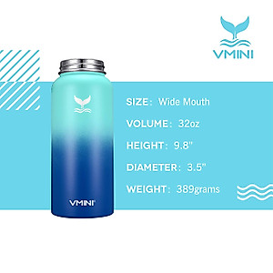 Vmini Water Bottle with New Wide Handle Straw Lid, Wide Mouth Vacuum Insulated 18/8 Stainless Steel, 4 Straws and 2 Brushes, 32 oz, Gradient Mint + Blue
