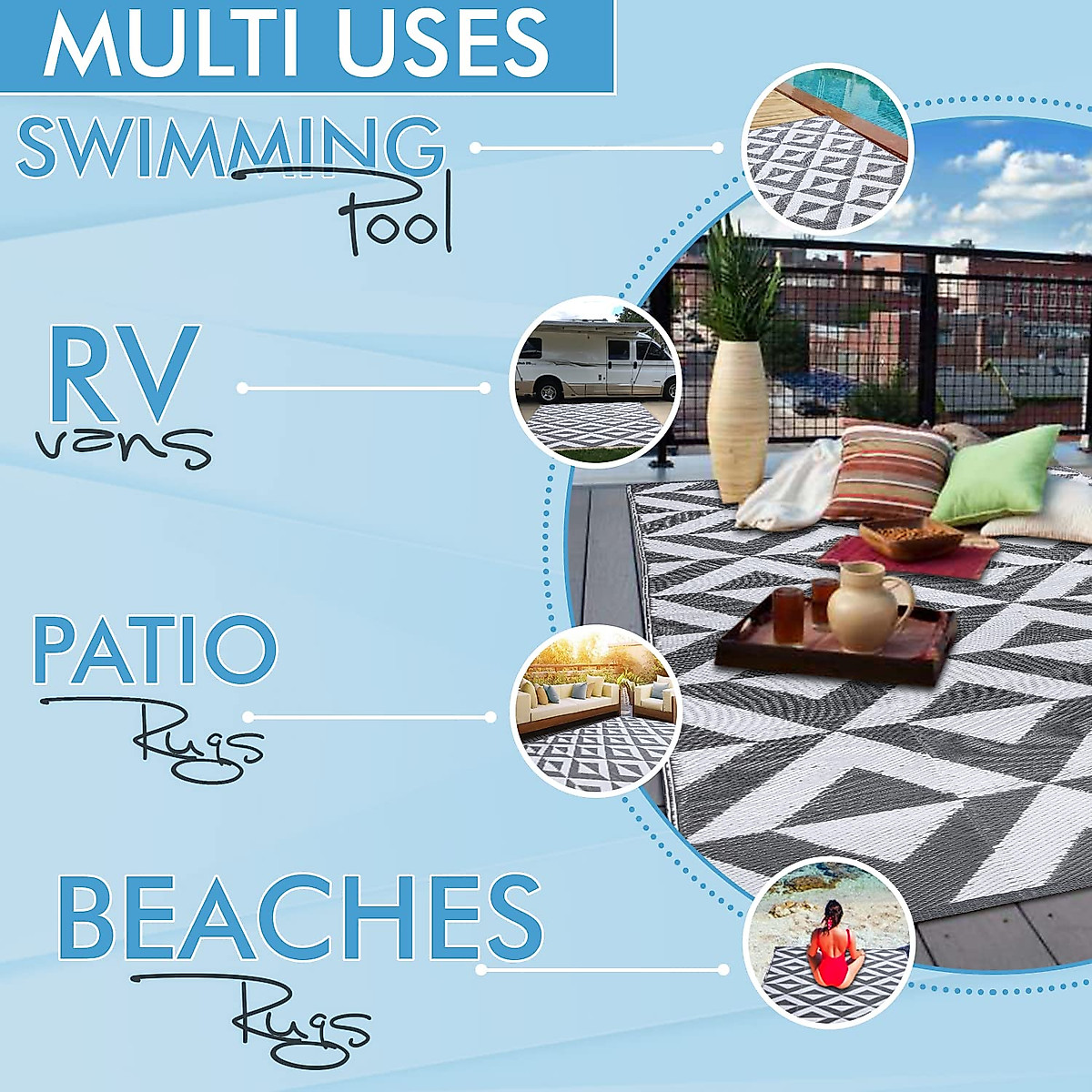 NAQSH Outdoor Indoor Plastic Rug with Loops - Foldable Reversible Outdoors Waterproof and Washable Patios Garden Decor (Geometry Grey, 3 x 5 ft)