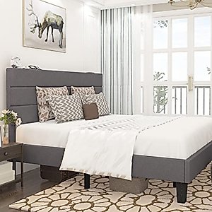 Benevika King Size Upholstered Platform Bed Frame with Linen Fabric Simple Style Headboard and Wooden Slats Support, Upholstered Mattress Foundation, No Box Spring Needed, Easy Assembly, Grey