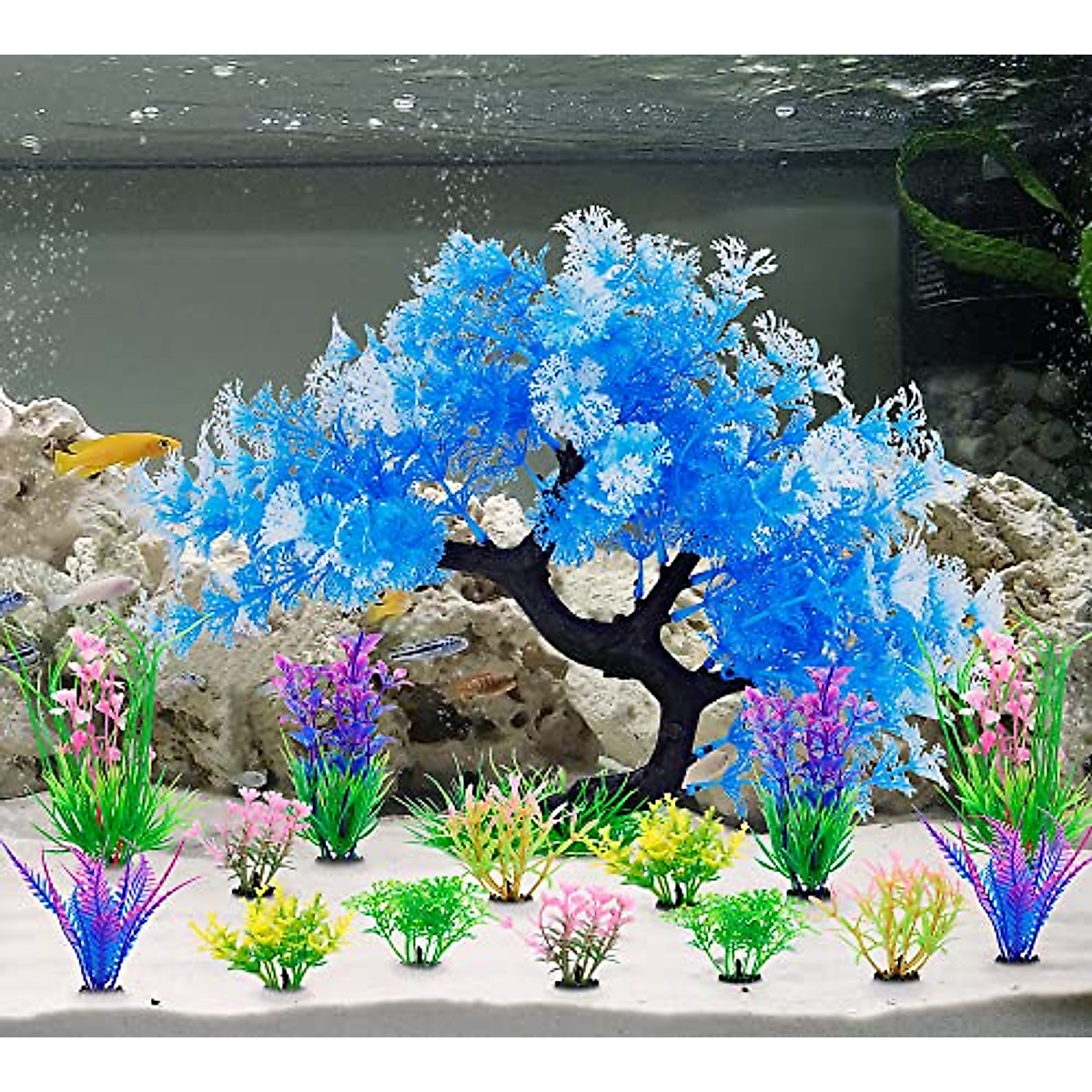 MyLifeUNIT Fish Tank Decorations, 15 Pack Artificial Aquarium Plants Tree Set for Fish Tank Decor (Bule Set)