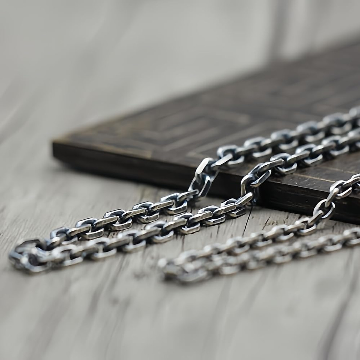 Vintage Black 925 Sterling Silver Diamond-cut Anchor Link Chain Necklace Cable Chain for Men Women 4mm 65cm