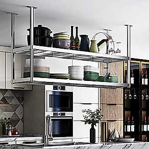 DSVONAUS Ceiling Storage Shelf, 2 Layer Stainless Steel Ceiling Mount Shelf, Hanging Floating Shelves, Organizer Rack for Restaurant Kitchen Bar Cafe Shelf, Easy to Install - 6 Sizes (80×35×80cm)