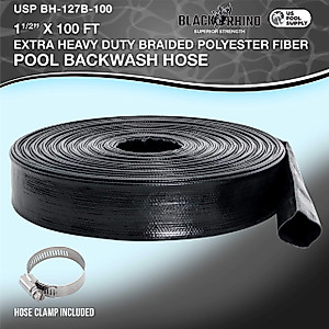 U.S. Pool Supply Black Rhino 1-1/2" x 100' Pool Backwash Hose with Hose Clamp - Extra Heavy Duty Superior Strength, Thick 1.2mm (47mils) - Weather Burst Resistant - Drain Clean Swimming Pools, Filters