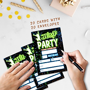 TIOFUNO Glow Jump Birthday Party Invitations(4" X 6"), Trampoline Park Bounce House Party Fill-In Invites, 20 Invitation Cards With Envelopes-B03