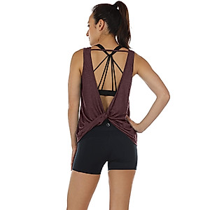 icyzone Workout Tank Tops for Women - Open Back Strappy Athletic Tanks, Yoga Tops, Gym Shirts (L, Burgundy)