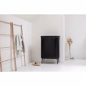 Brabantia Bo Laundry Hamper Hi (Matt Black) 2 Compartment Removable Laundry Bag 2 x 12 Gal, Ventilated Stylish Dirty Clothes Holder, Flat Back, Off-the Ground, Anti-Rust Materials for Bathroom Use