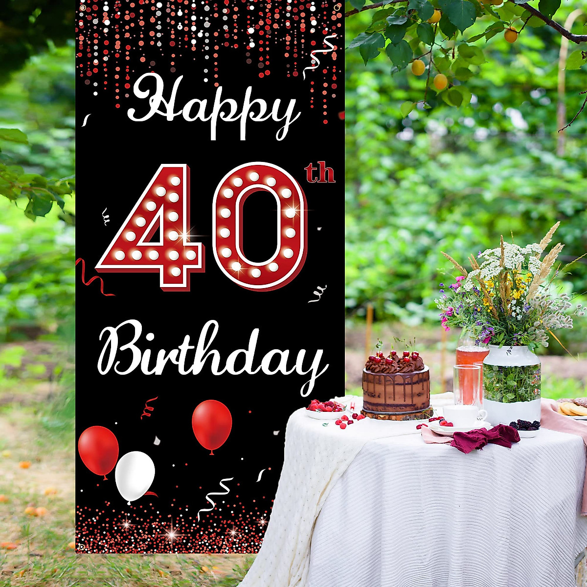 40th Birthday Door Banner Backdrop, Happy 40th Birthday Decorations for Women Red Black, 40 Years Birthday Photo Props, 40 Birthday Party Yard Sign Supplies for Outdoor Indoor Sturdy, Vicycaty