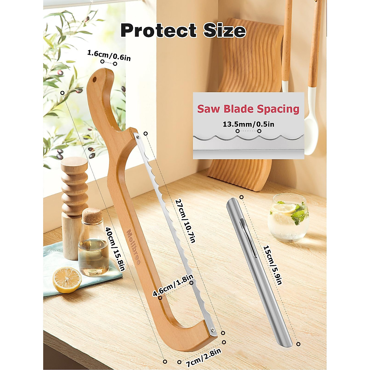 Mellbree Bread Knife for Homemade Bread, 16" Sourdough Bread Knife 304 Stainless Steel Serrated Bread Bowl Knife, Bread Cutting Knife, Bread Slicer Knife, Light Color Option