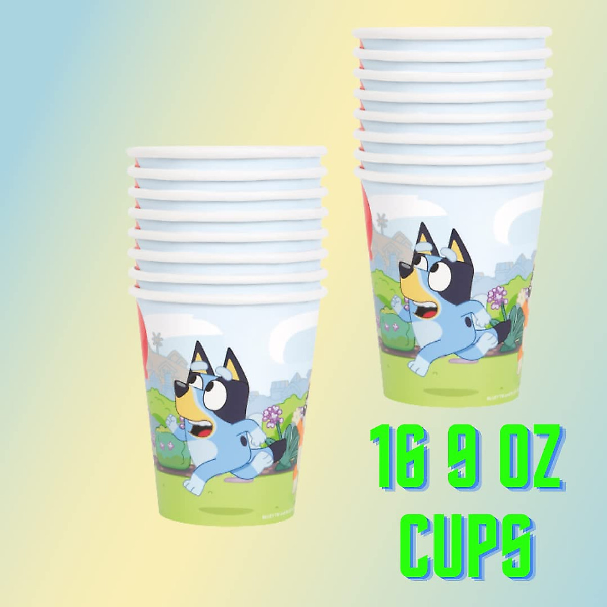 Bluey Birthday Decorations - Bluey Birthday Party Supplies for your Bluey Party featuring Bluey Party Decorations and Bluey Plates and Napkins and Tableware for 16 guests.