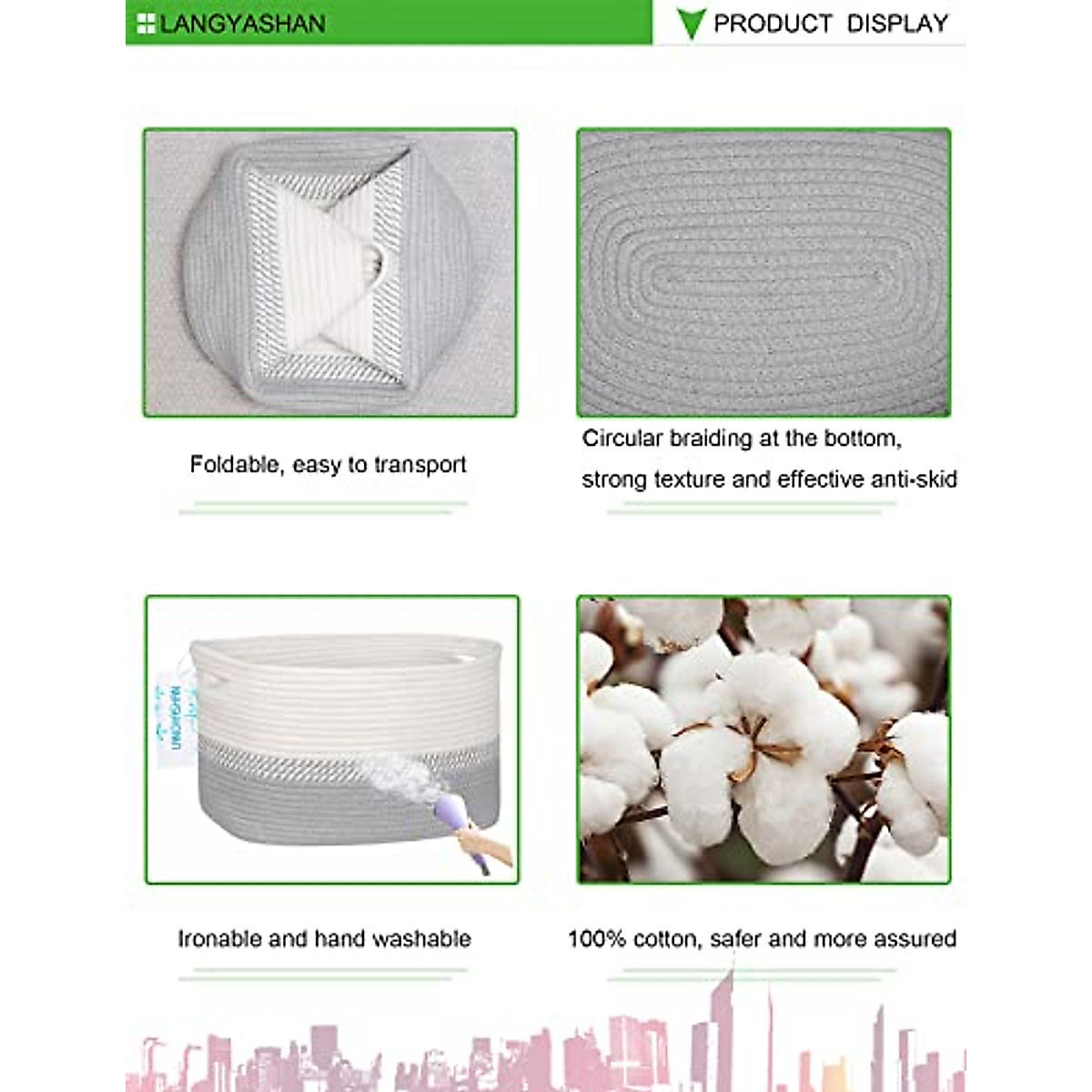 LANGYASHAN Rectangular Woven Rope Basket Decorative Blanket Basket for Living Room Storage or Nursery Laundry Basket Basket with Invisible Handles Laundry Hamper(Gray Invisible Handle)