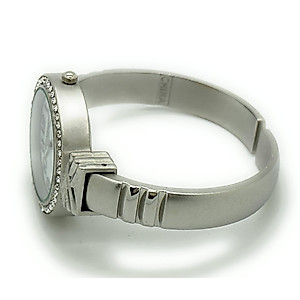 Wincci Ladies Mother of Pearl Dial Metal Bangle Cuff Fashion Analog Quartz Watch with Rhinestones (Silver)