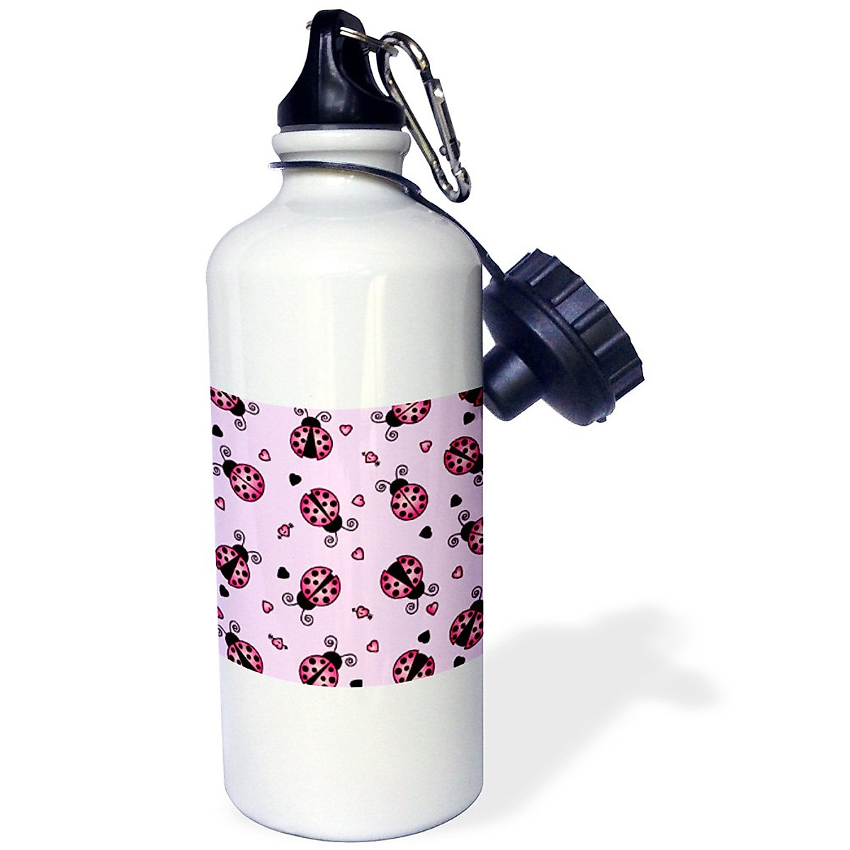 3dRose Love Bugs Pink Ladybug Print with Hearts - Sports Water Bottle, 21 oz, White