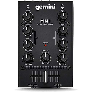 Gemini Sound MM1 Professional Audio 2-Channel Dual Mic Input Stereo 2-Band Rotary Compact DJ Podcast Mixer with Cross-Fader and Individual Gain Control