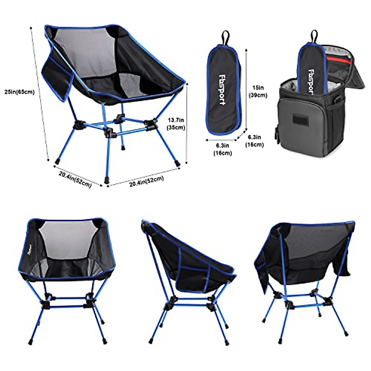 FBSPORT 2 Pack Portable Camping Chairs Lightweight Backpacking Chair Compact & Heavy Duty for Camp, Backpack, Hiking, Beach, Picnic, with Carry Bag