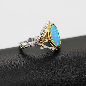 Uloveido Atique Craft Oval Cut Blue Fire Opal Ring 2 Tones Split Shank Leaf Tree Ring for Women Mom (Size 9) RA503