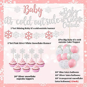 Baby It’s Cold Outside Party Decorations, Banner, Snowflake Balloons, Garland for Winter Wonderland Baby Shower, Christmas, Winter Birthday Party Supplies, Silver (Pink)