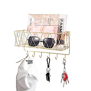 YCOCO Wall Mounted Entryway Storage Organizer,Metal Wire Storage Basket with 6 Hooks,Key and Mail Holder for Wall,Gold