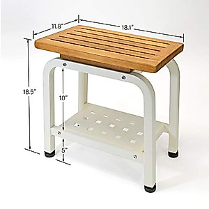 Aman Teak & Aluminum Indoor Outdoor Shower/Bath/Spa/Patio Stool Bench, Seat Chair, Side Table with Storage Shelf and Adjustable TPR Feet, Anthology Spa Collection, B101/GRY (Light Gray)