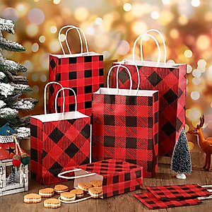 72 Pcs Christmas Gift Bags Red and Black Plaid Paper Bags Christmas Goodie Bags Bulk Birthday Party Favor Treat Gift Bags with Handle for Valentine's Day, Christmas, Wedding Gift