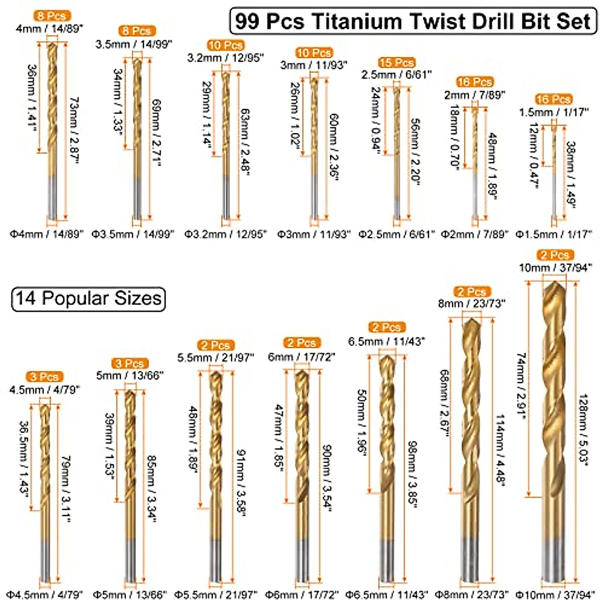 uxcell 99pcs Titanium Twist Drill Bit Set 14 Sizes 1/17"- 37/94" Drilling Dia High Speed Steel Drills for Hardened Metal, Stainless Steel, Cast Iron, Wood, Plastic with Case