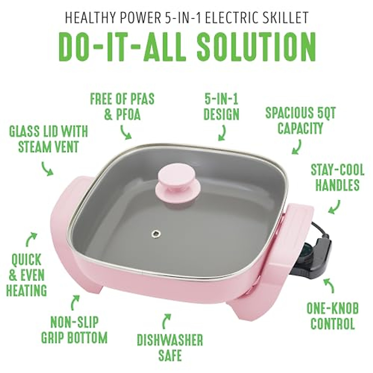GreenLife Healthy Ceramic Nonstick, 12" 5QT Square Electric Skillet with Glass Lid, Dishwasher Safe, Adjustable Temperature Control, PFAS-Free, Pink