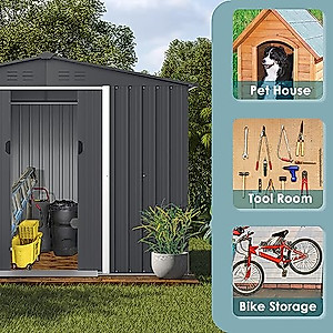 Incbruce 6X8 Ft Outdoor Storage Shed, Double Sloping Roof Metal Shed, Garden Storage Shed with Sliding Door, Metal Shed Kit with Double Doorknobs and Air Vents (Grey)