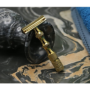 Gold ~ Double Edge Safety Razor ~ 50 Razor Blades - Razor Meister Prime Safety Razor Shaving Kit for Men - Safety Razor Leather Case - German Stainless Steel 24K Gold - Mild