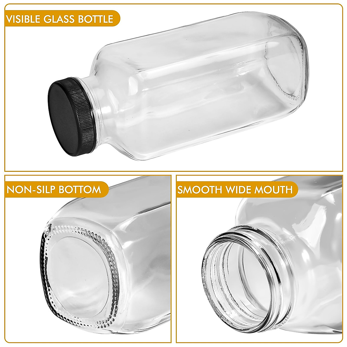 Ruckae 16oz 10pcs Glass Juice Bottles with Lids and Hole, Square Juicing Bottles Reusable Glass, Clear Glass Juicer Containers with Brush for Liquids, Juices, Smoothies, Salad Dressings, Picnics