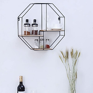 SPDELP Octagon Floating Shelf Wall Mounted Hanging Shelves, Wood Wall Storage