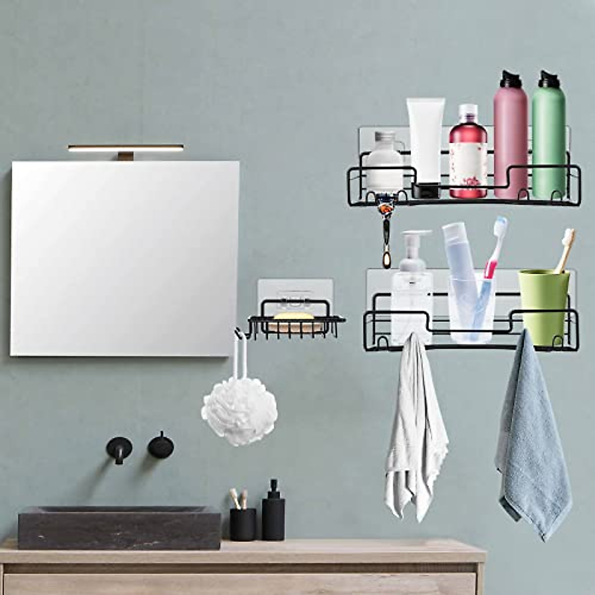 Locsee Shower Caddy Shelf Organizer 2PCS with Soap Dishes 2PCS, Bathroom Accessories with Hooks, No Drilling Basket Shelf Wall-Mounted Shower Storage Accessories (Black)