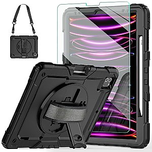 iPad Pro 12.9 inch Case 2022-2018 with 9H Tempered Glass Screen Protector, Ambison iPad pro 12.9 6th/5th/4th/3rd Generation Case Full Body Protective & 360° Rotatable Kickstand & Hand Strap(Black)