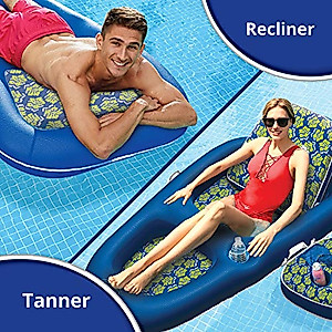 Aqua Campania Ultimate 2-in-1 Pool Float Lounge – Extra Large – Inflatable Pool Floats for Adults with Adjustable Backrest & Cupholder Caddy – Royal/Lime Hibiscus