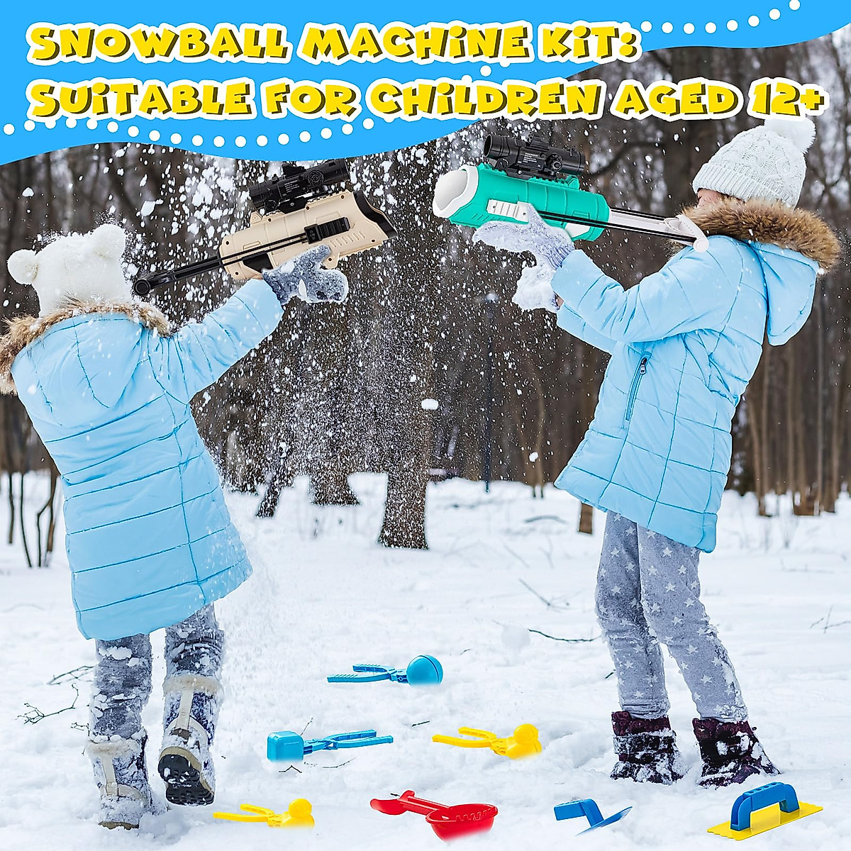 Halloscume 2 Snow Ball Guns with 2 Duck/1 Round/1 Square Shaped Snowball Clip, 1 Snow Shovel, 1 Triangle Snow Spade, 1 Spatula, 1 Carry Bag Snow Toys Snowball Maker Tool for Winter, 10 Pcs