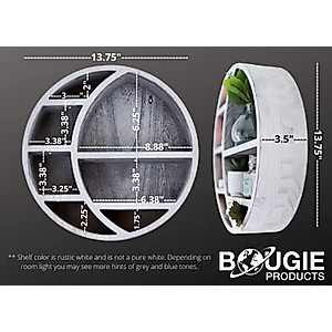 BOUGIE PRODUCTS Moon Shelf Rustic White - Floating Wall-Mounted 14" x 3.5" Wooden Crescent Moon Shelf for Bathroom, Bedroom, Living Room & Kitchen - Display for Crystals, Stones, and Essential Oils
