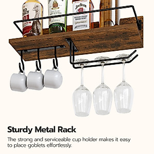 HOOBRO Wall Mounted Wine Rack 3 Pack, Wine Shelf Hanging Floating Wall Shelves, Wine Glass Bottle Rack Stemware Holder, for Living Room, Dining Room, Kitchen, Rustic Brown and Black BF33BJ01