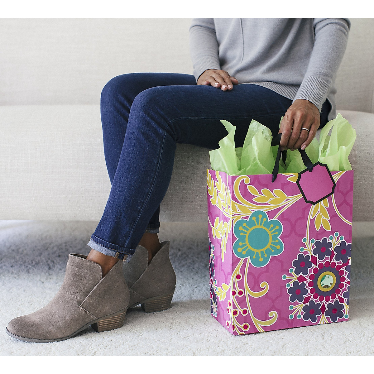 Hallmark 13" Large Gift Bag with Tissue Paper (Purple Flower with Gem) for Birthdays, Mothers Day, Bridal Showers, Baby Showers or Any Occasion