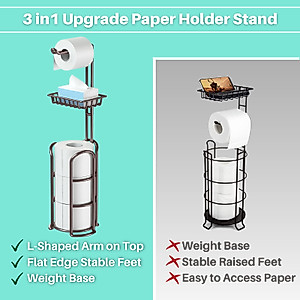 Toilet Paper Holder Stand with Reserve and Dispenser for 4 Mega Roll, Bathroom Freestanding Toilet Tissue Storage with Shelf for Wipes and Phone, Bronze