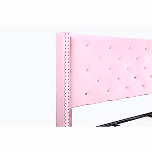 Oliver & Smith Astor - Upholstered 51" Tall Headboard Tufted Suede Velour Platform Bed/Mattress Foundation/Wood Slat Support/No Box Spring Needed/Easy Assembly/Pink/Full