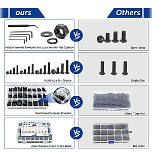 JROUTH 1840PCS Metric Screw Assortment Kit, M2 M3 M4 M5 Hex Button Head Cap Bolts and Nuts Kit, Grade 10.9 Alloy Steel Hex Socket Bolts Nuts Kit with Flat&Lock Washers&Hex Wrenches